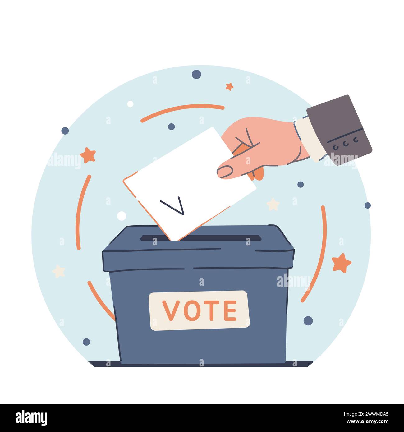 Human hand releases a piece of paper into the ballot box. Voting ...