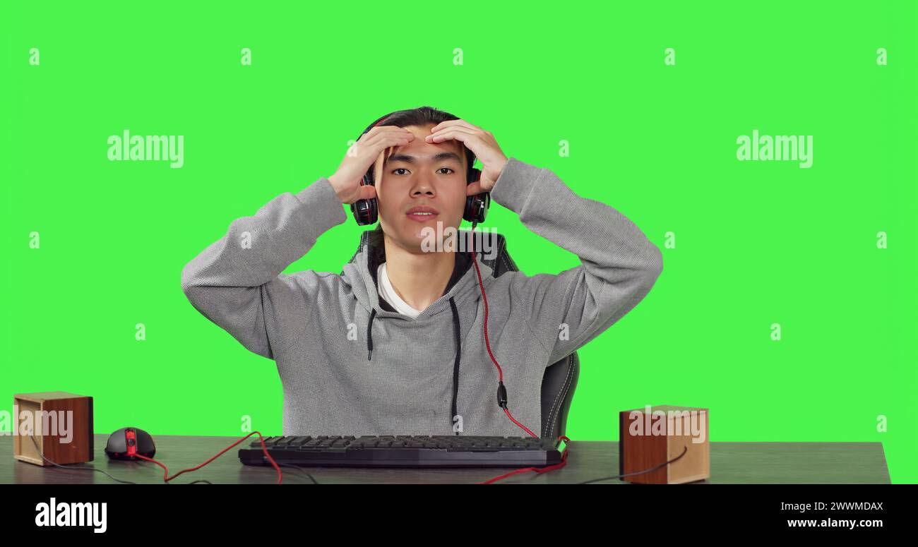 POV of gamer plays pc games at workstation, sitting on chair over ...