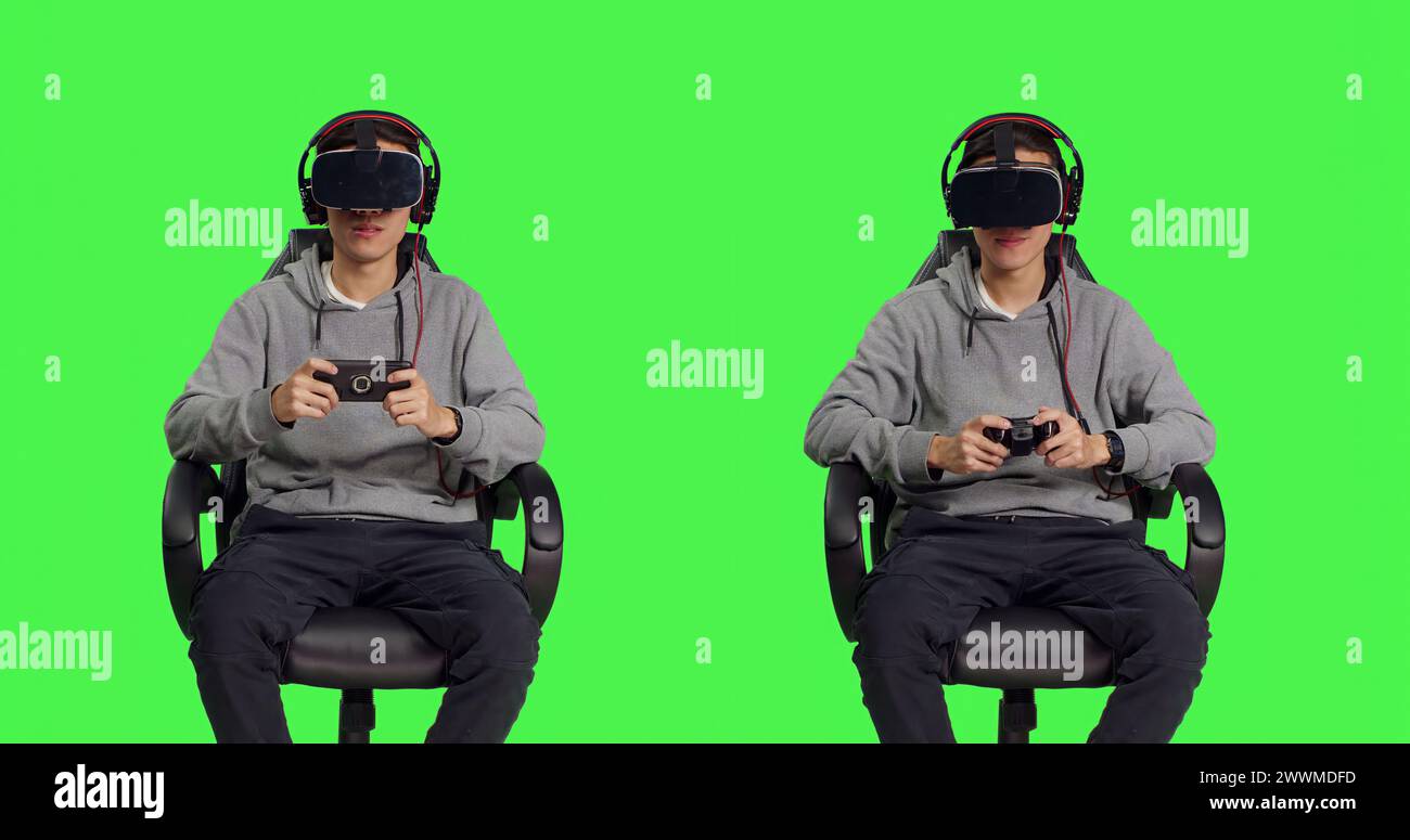 Gamer having fun with rpg games with modern devices over greenscreen ...