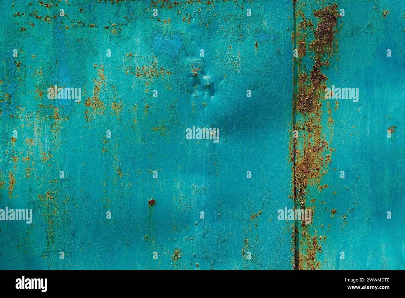 turquoise painted beaten steel surface with stains of rust - full-frame ...