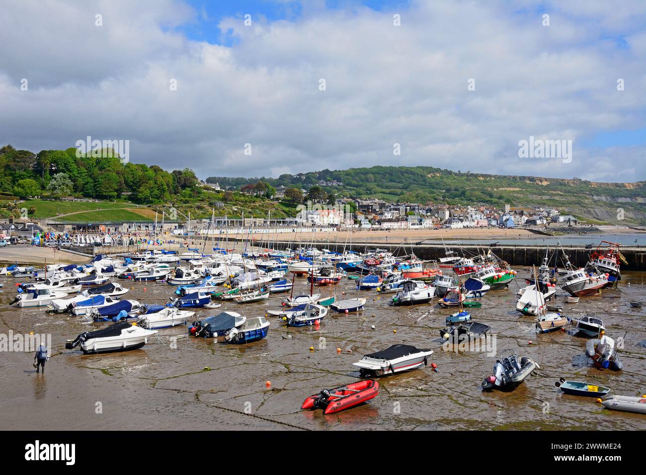 Small boats moored in the harbour with the town and beach to the rear ...