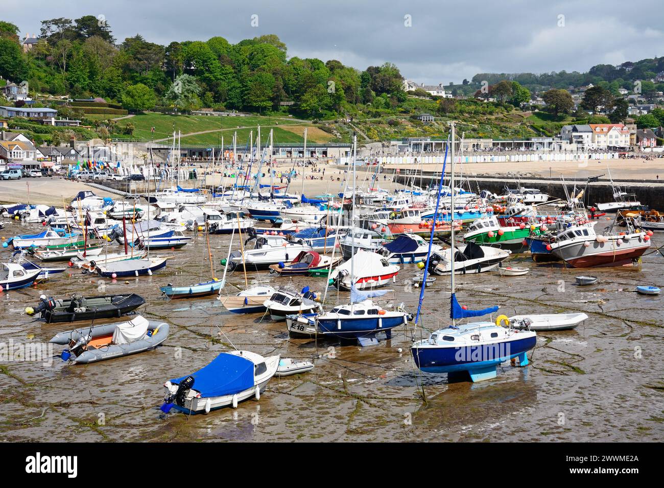 Small boats moored in the harbour with the town and beach to the rear ...