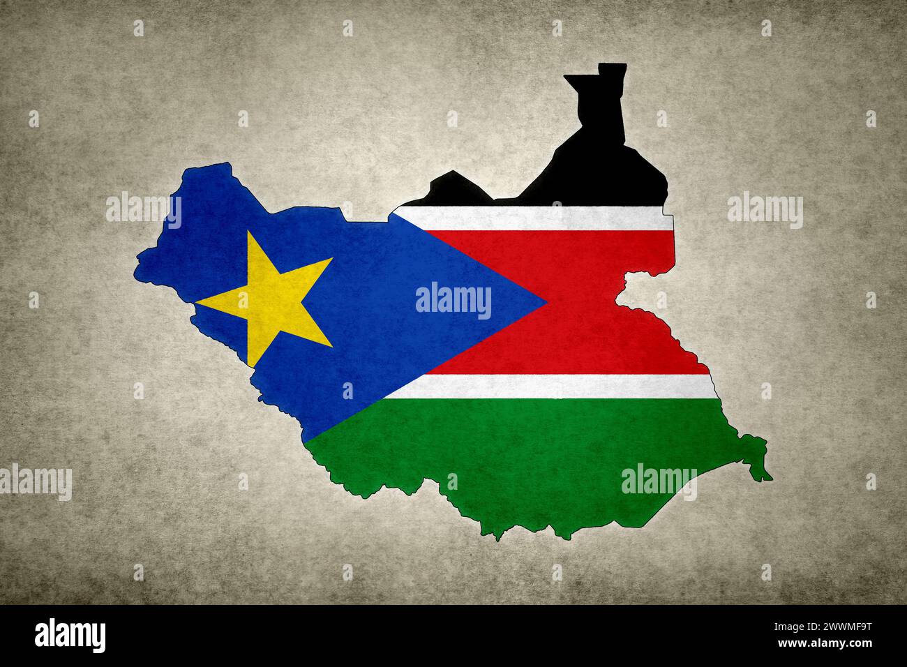 Grunge map of South Sudan with its flag printed within its border on an ...