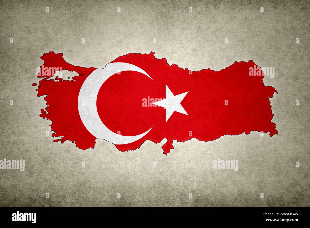 Grunge map of Turkey with its flag printed within its border on an old ...
