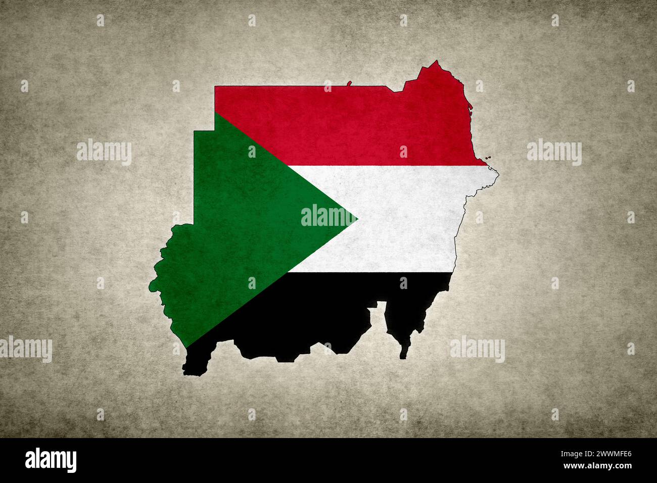 Grunge map of Sudan with its flag printed within its border on an old ...