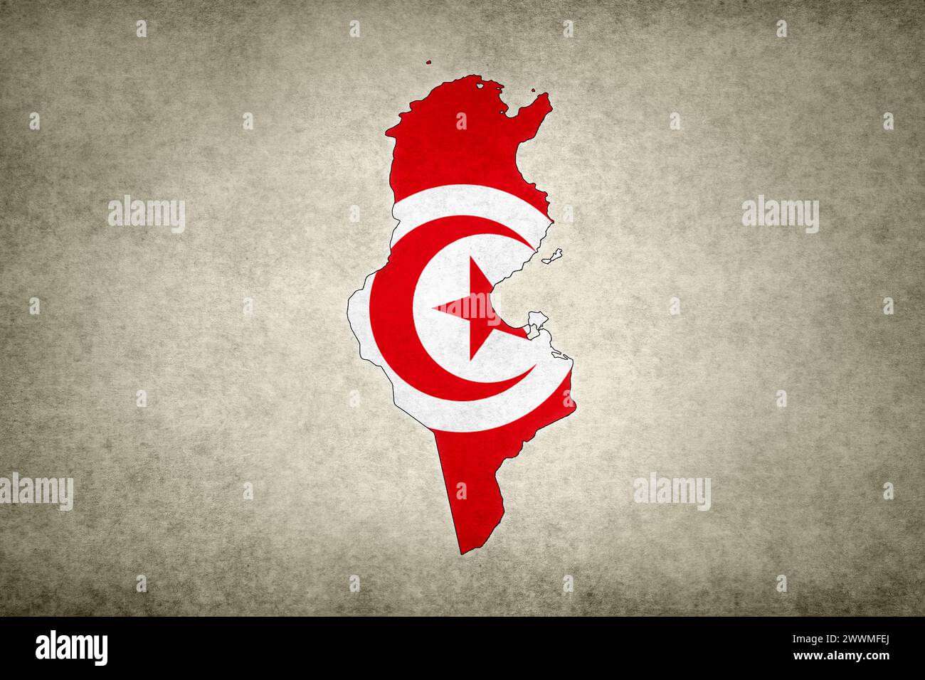 Grunge map of Tunisia with its flag printed within its border on an old ...