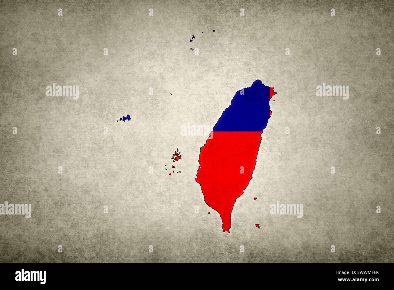 Grunge map of Taiwan with its flag printed within its border on an old ...