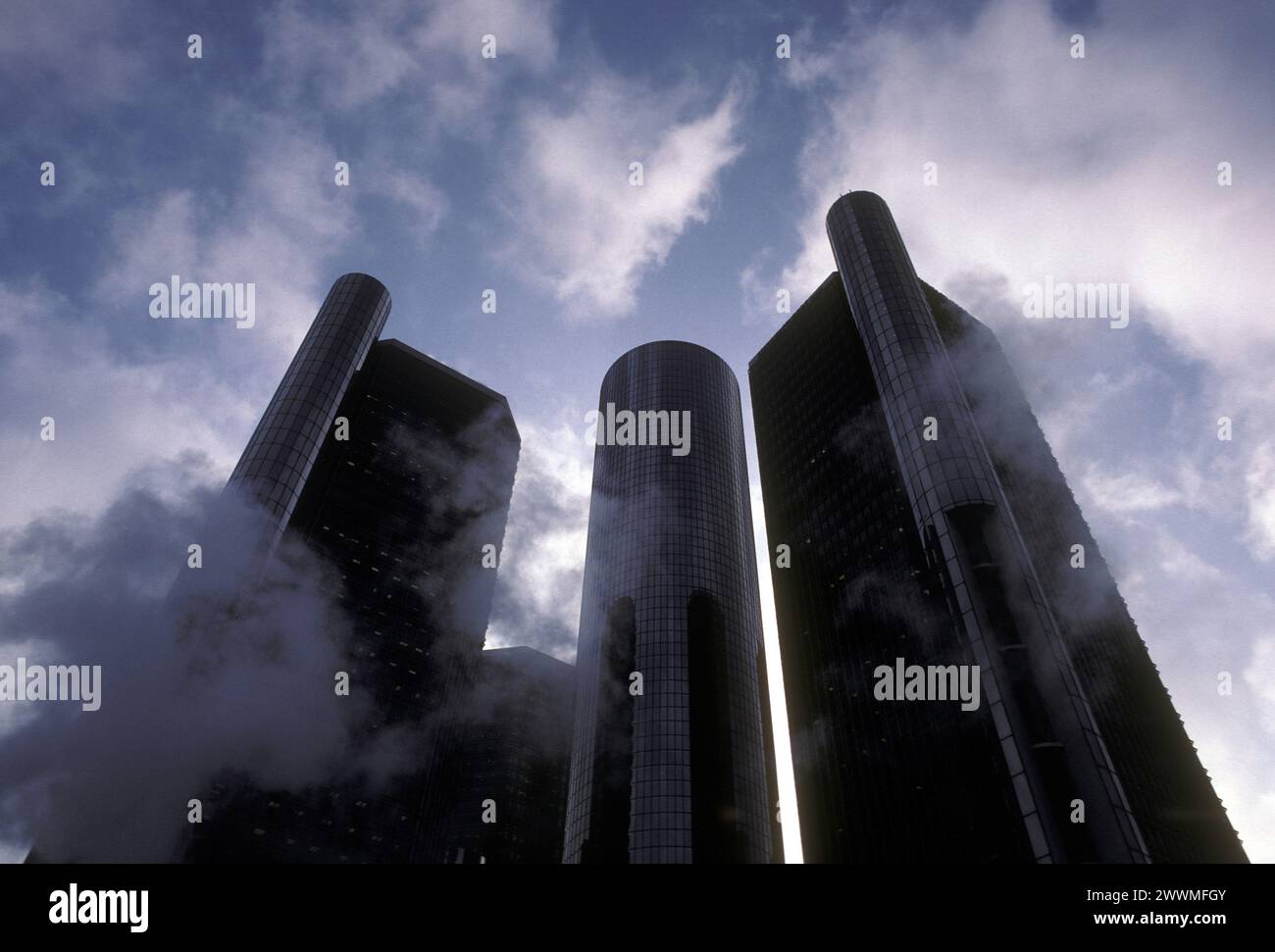 Tall buildings seem to touch the sky as seen from the ground, Michigan ...