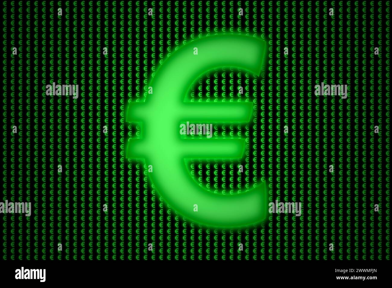 Green euro sign on a background composed of hundreds of euro signs ...