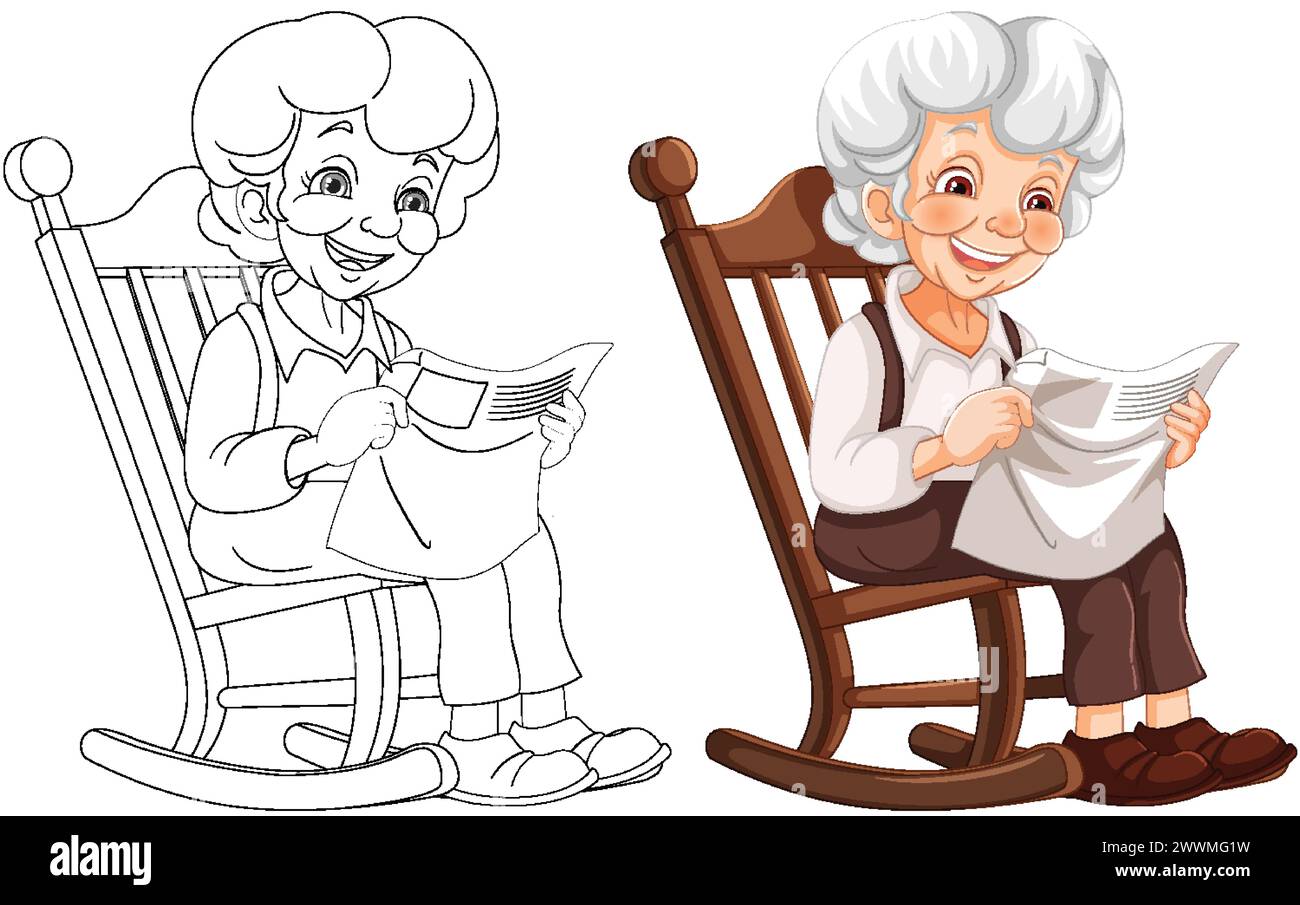 Colorful and line art illustrations of a reading grandma Stock Vector ...