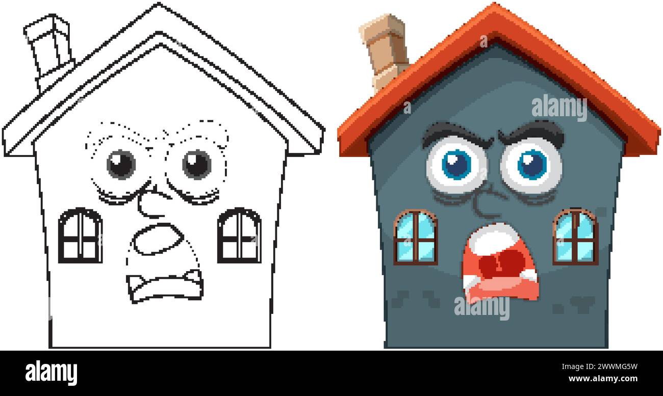 Two animated houses showing surprised and angry emotions Stock Vector ...