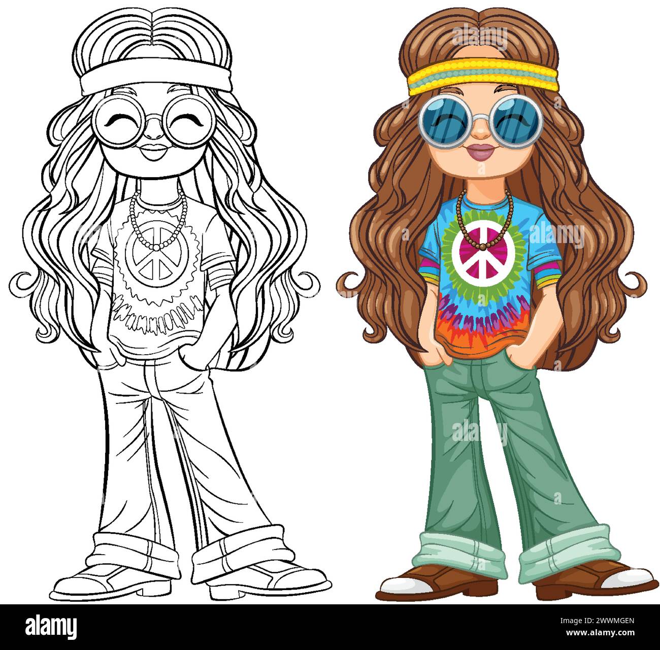 Colorful and outlined hippie girl characters Stock Vector Image & Art ...