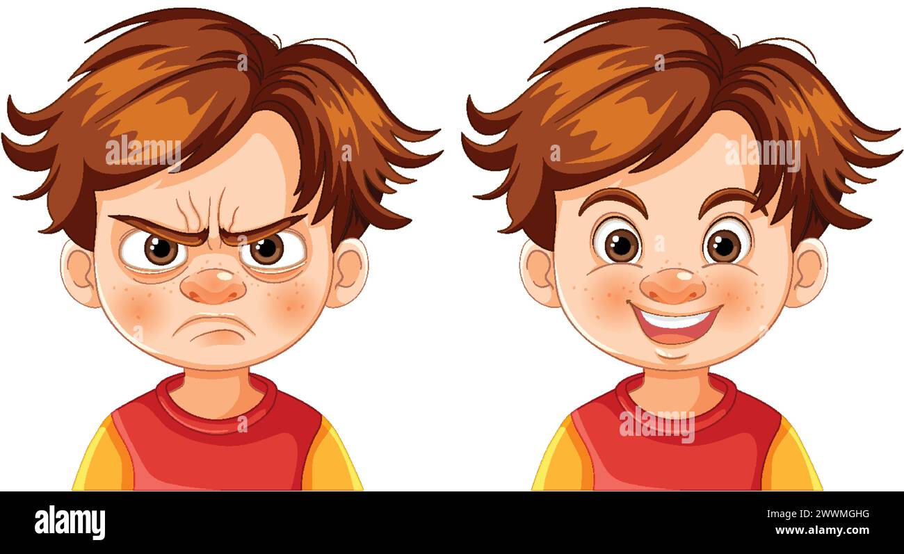 Illustration of a boy showing anger and happiness Stock Vector Image ...