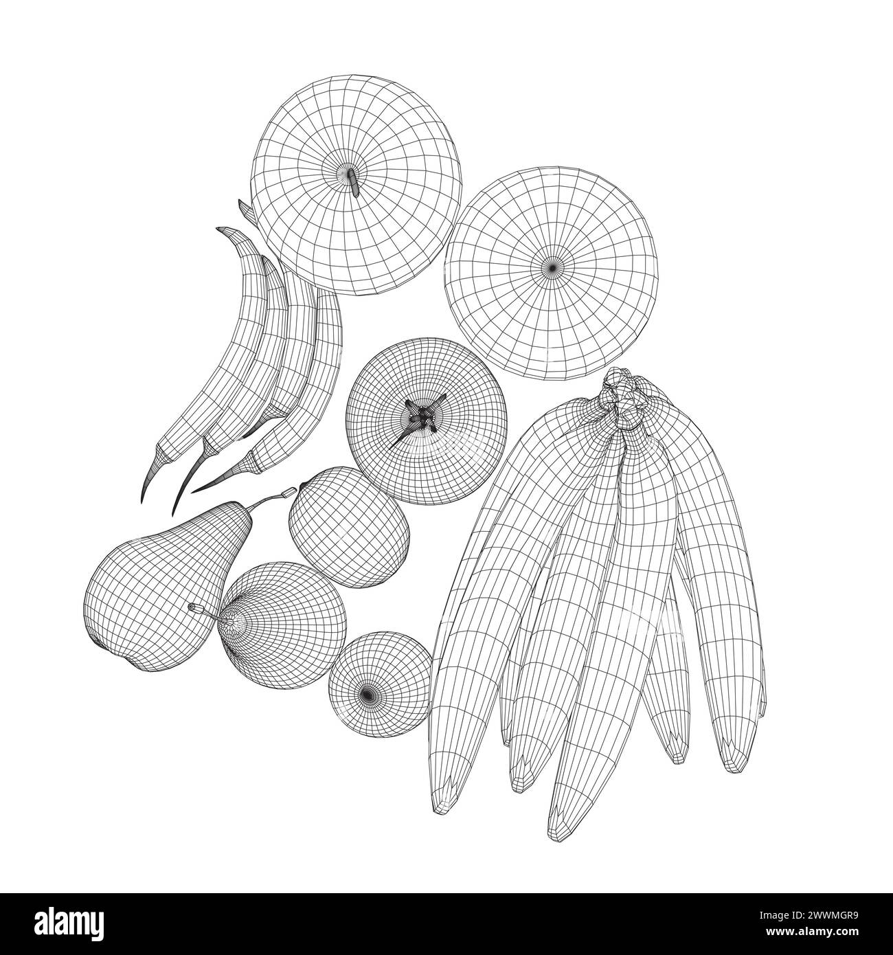Fruit wireframe: bananas, apples, pears, peppers, tomato made of black ...