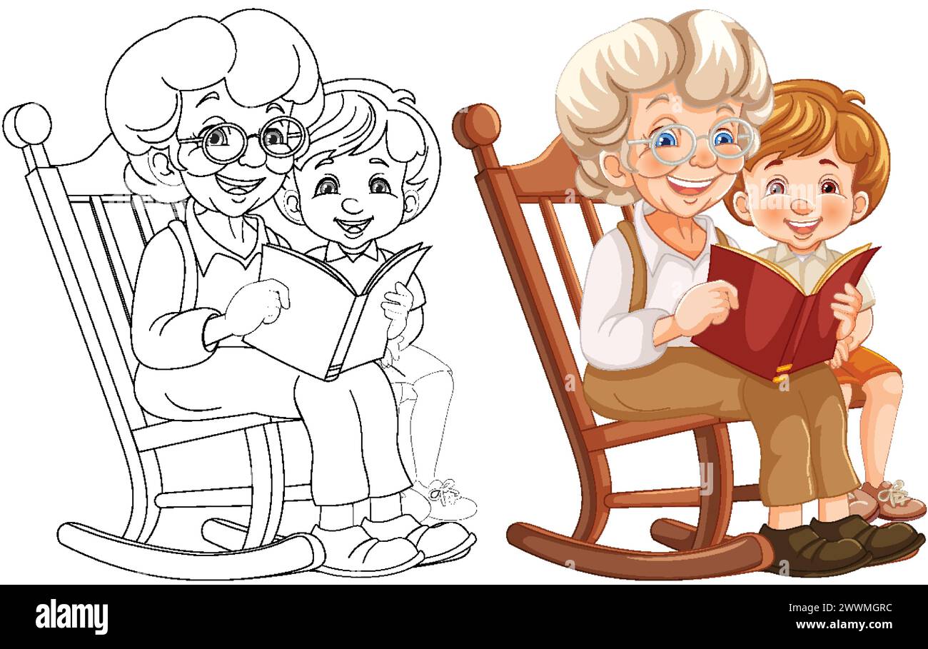 Colorful and sketch of grandma reading with child Stock Vector Image ...