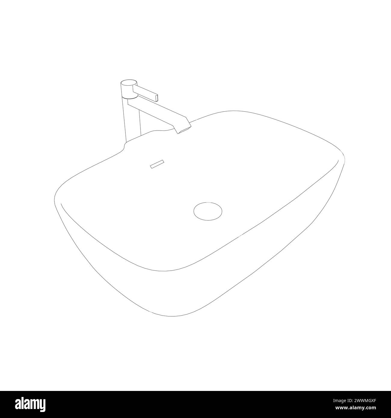 Bathroom sink with tap line drawing on white isolated background ...