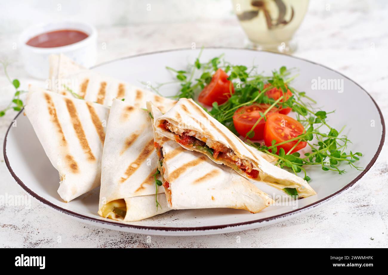 Tasty breakfast with lavash. Mexican cuisine. Trending food with pita ...