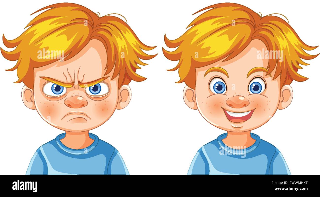 Illustration of a boy showing anger and happiness Stock Vector Image ...
