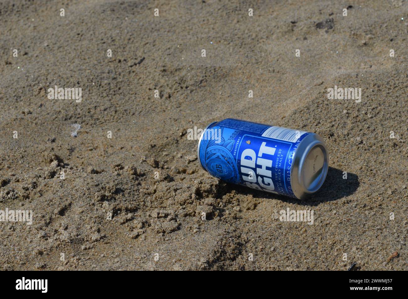 Aluminum can thrown away on sandy beach Stock Photo - Alamy