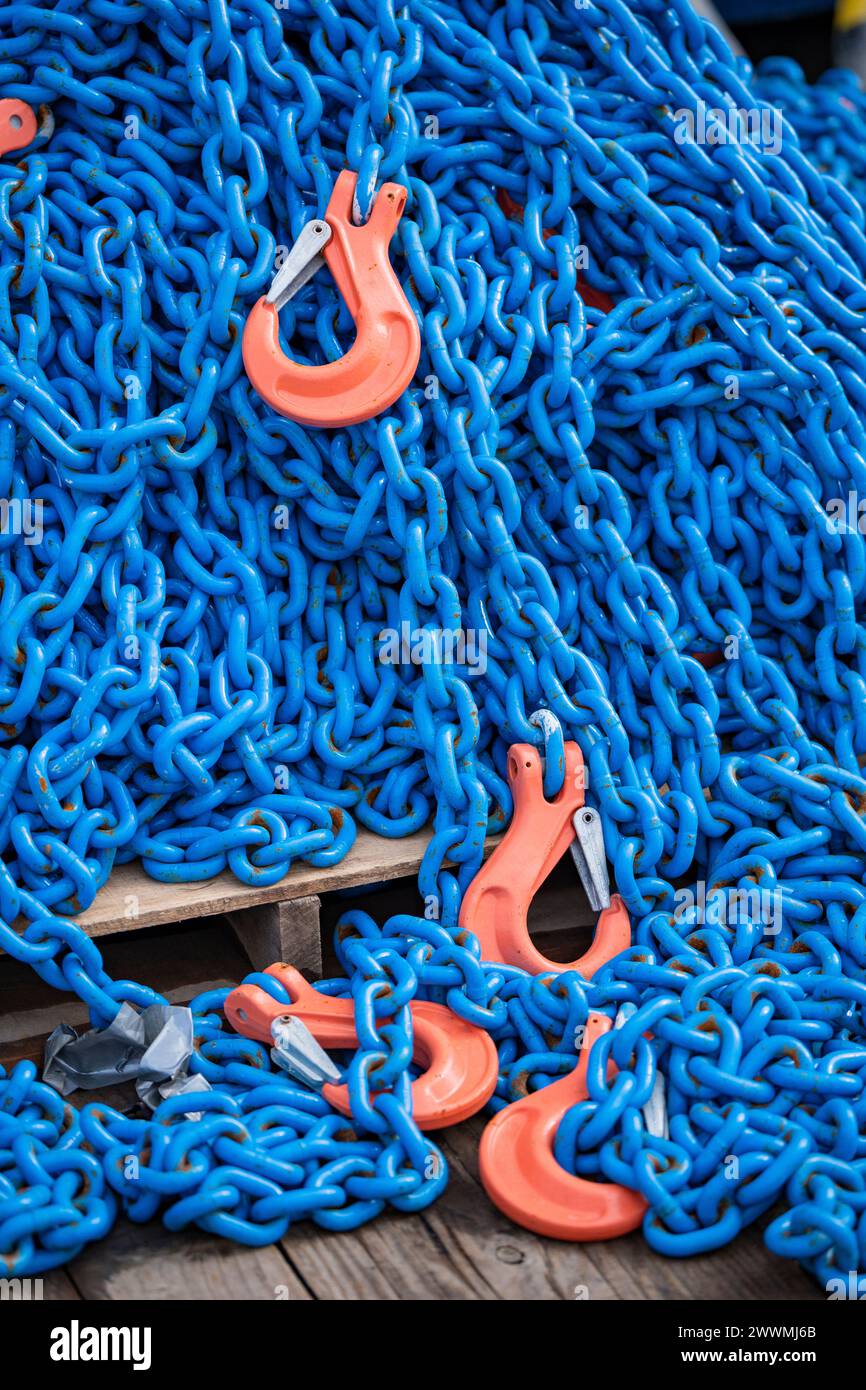 Hooks of cargo chains stacked on deck of vessel Stock Photo - Alamy