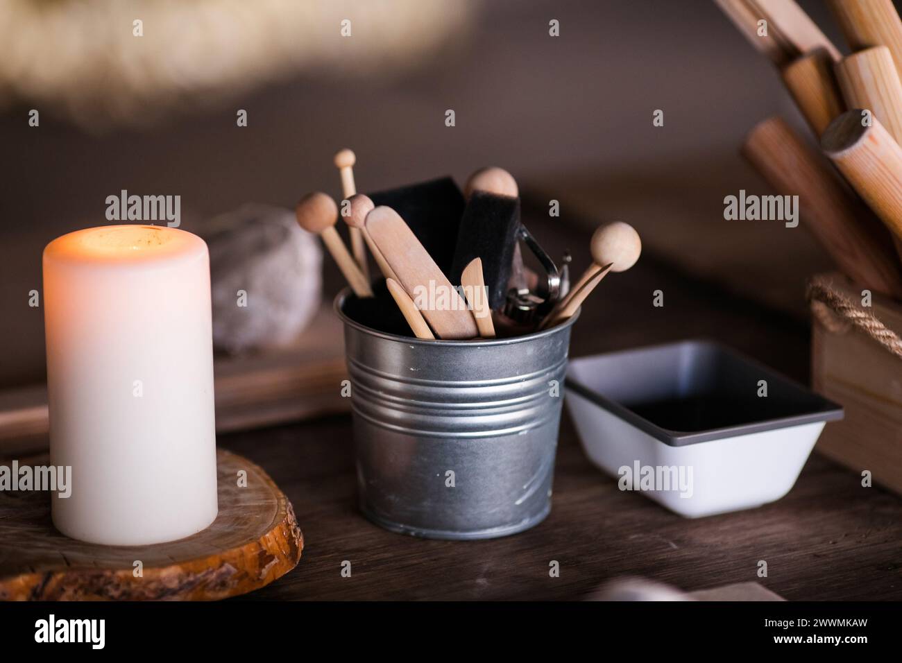 Ceramics. Objects for working with clay, stacks, sticks, brushes ...