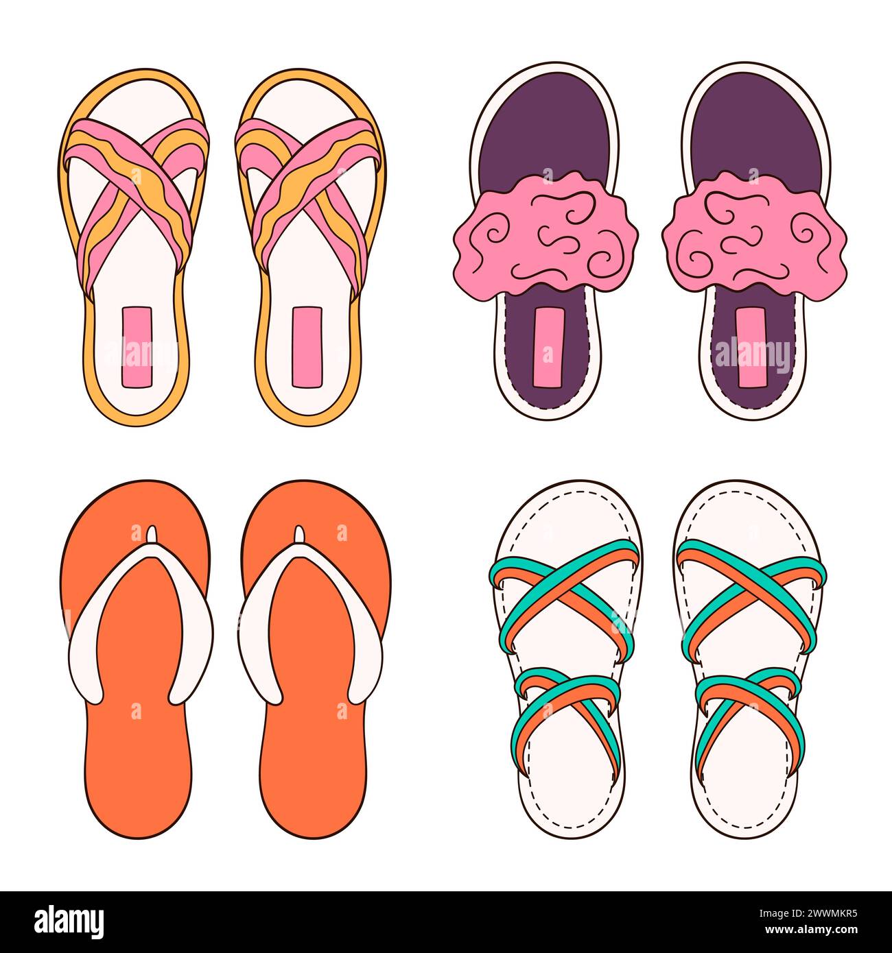 Female, women shoes collection for summer and home in cartoon style ...