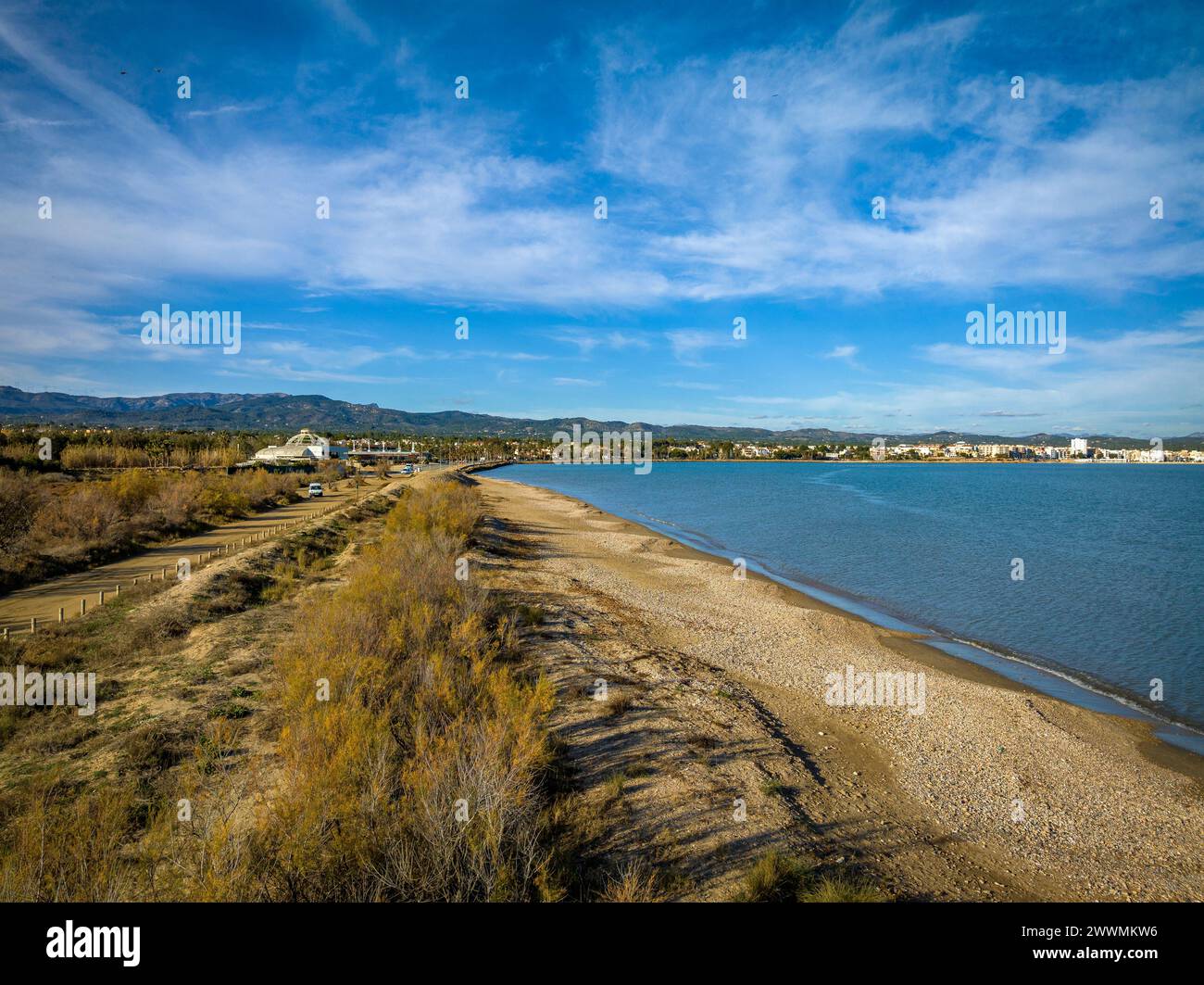 Aerial view of the Platja de l'Arenal beach, in L'Ampolla, in the Ebro ...