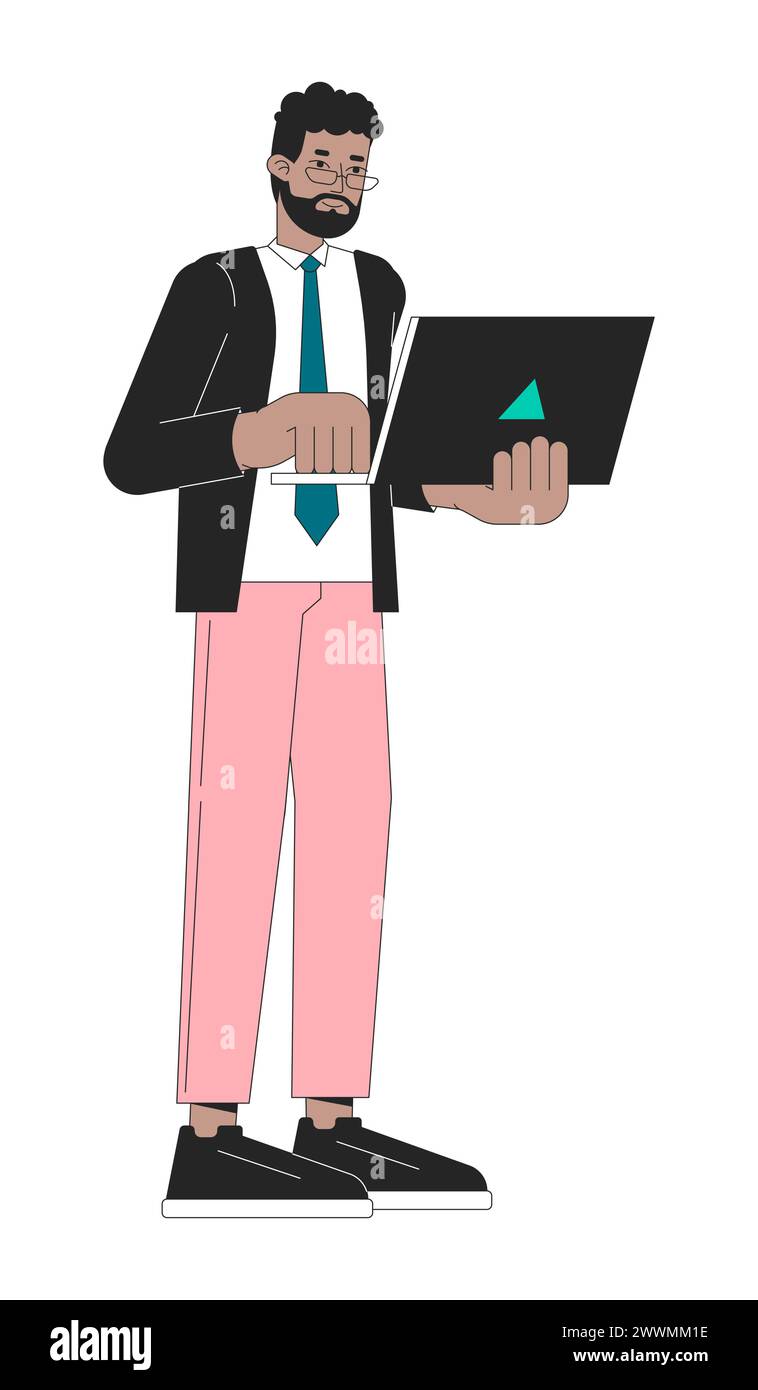 Black adult male office worker holding laptop 2D linear cartoon ...