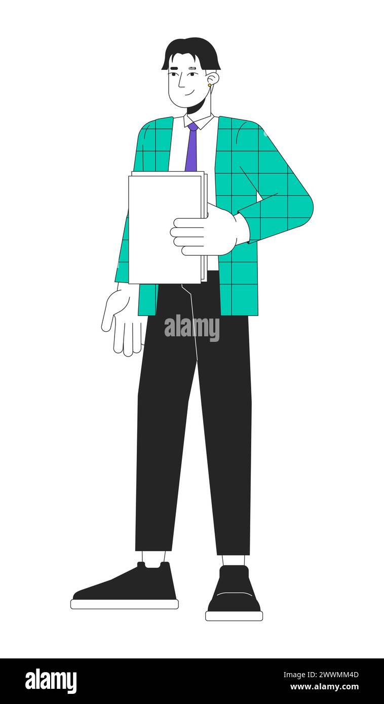 Asian male office worker holding paperwork 2D linear cartoon character ...