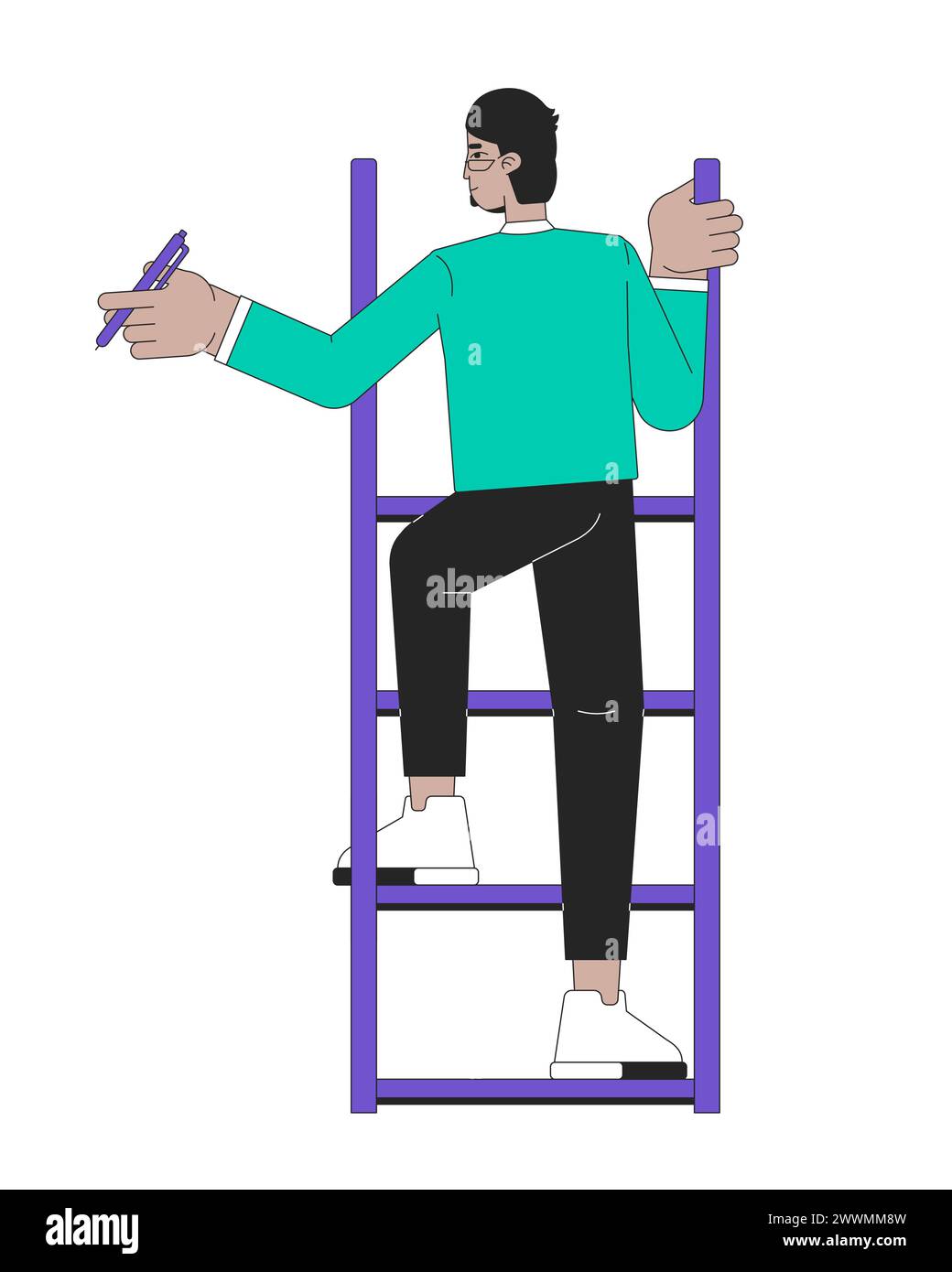 Arab man climbing ladder holding pen 2D linear cartoon character Stock ...