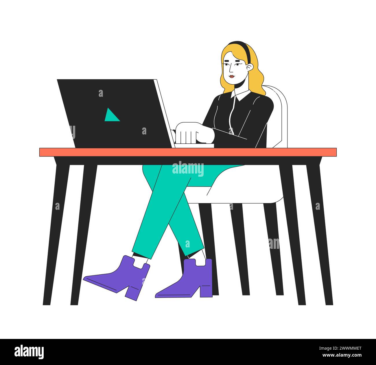 White-collar worker typing laptop workplace 2D linear cartoon character ...