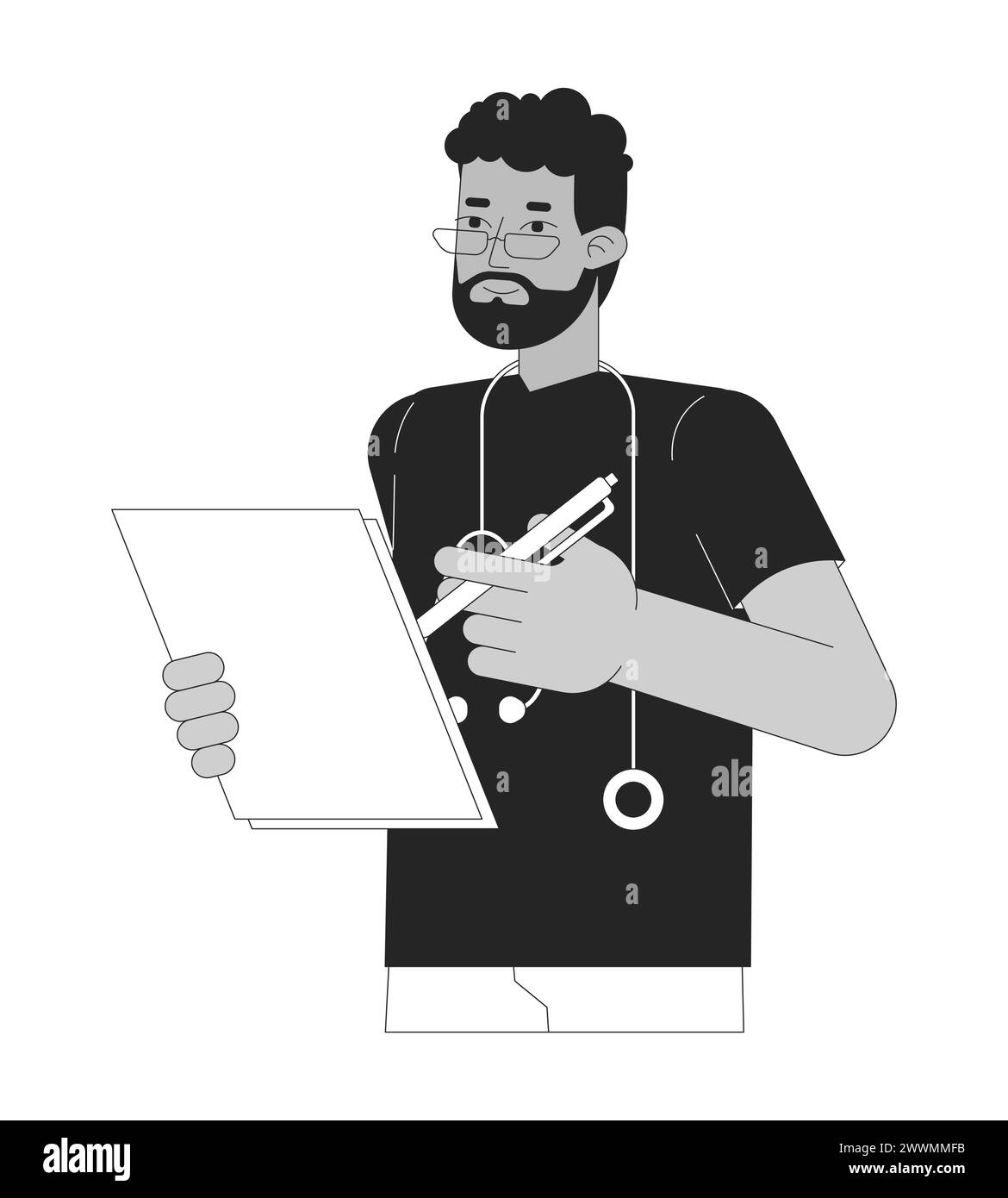 African american male nurse checkup medical black and white 2D line cartoon character Stock ...
