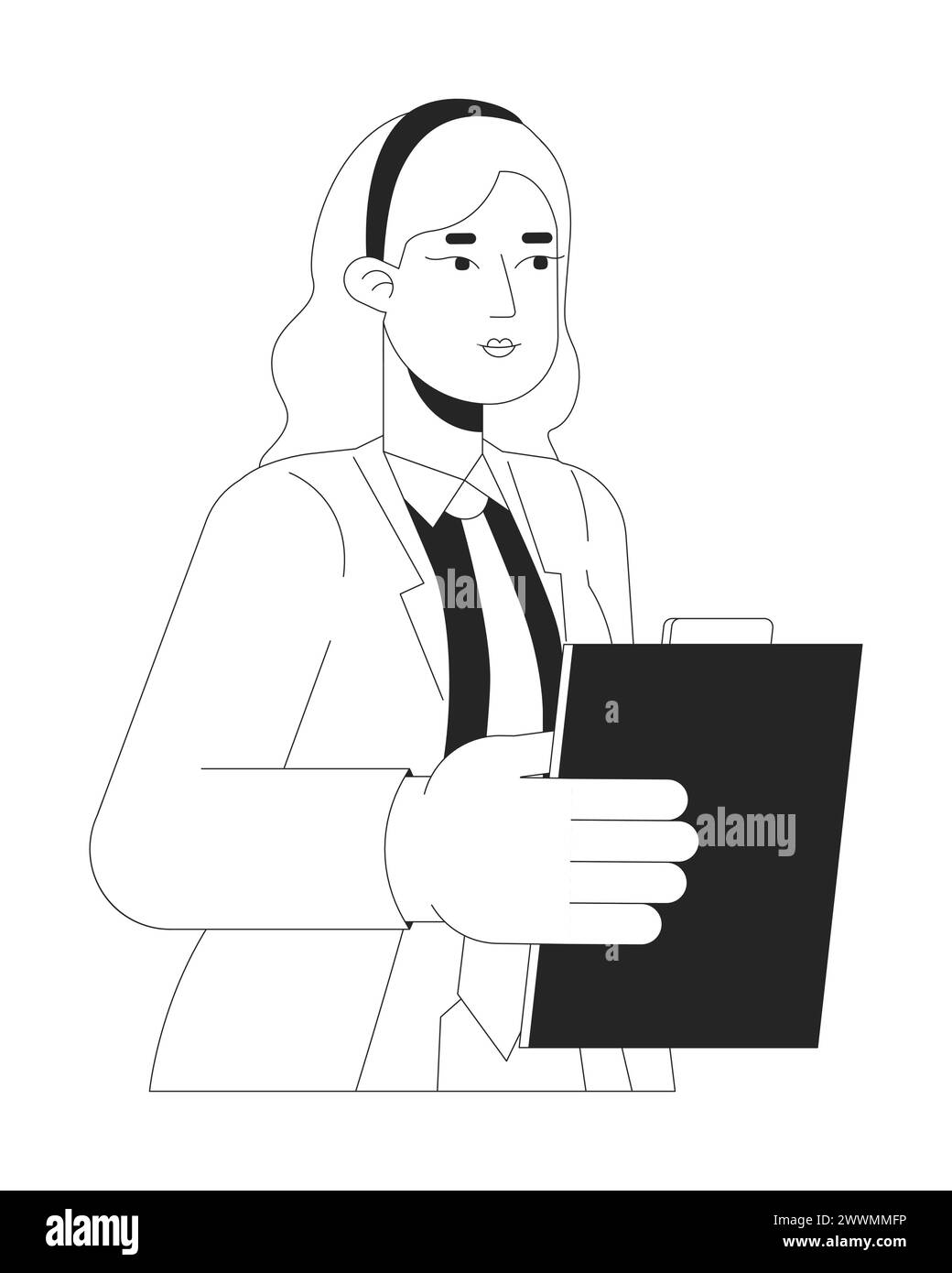 Serious female secretary office worker black and white 2D line cartoon ...