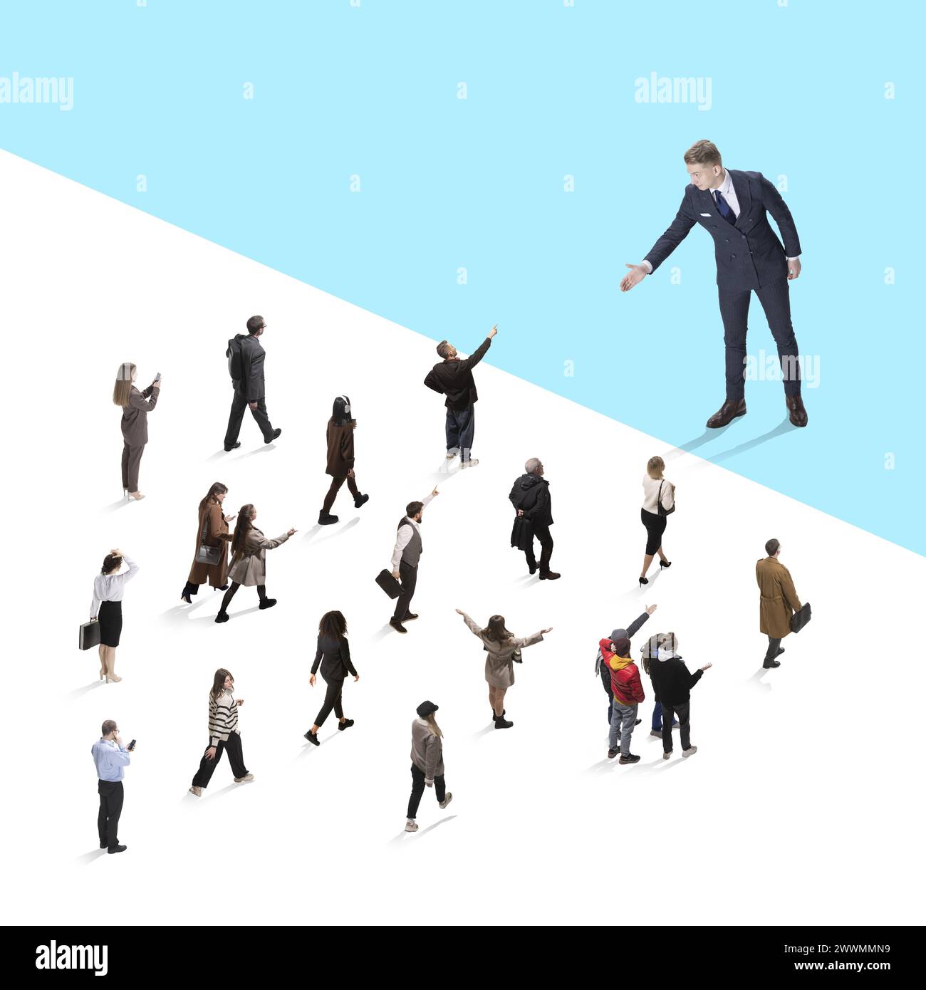 Contemporary art collage. Large man, leader pointing to diverse ...