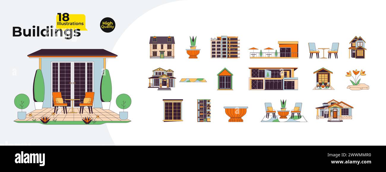 Entrance building backyard decor 2D linear cartoon objects bundle Stock ...