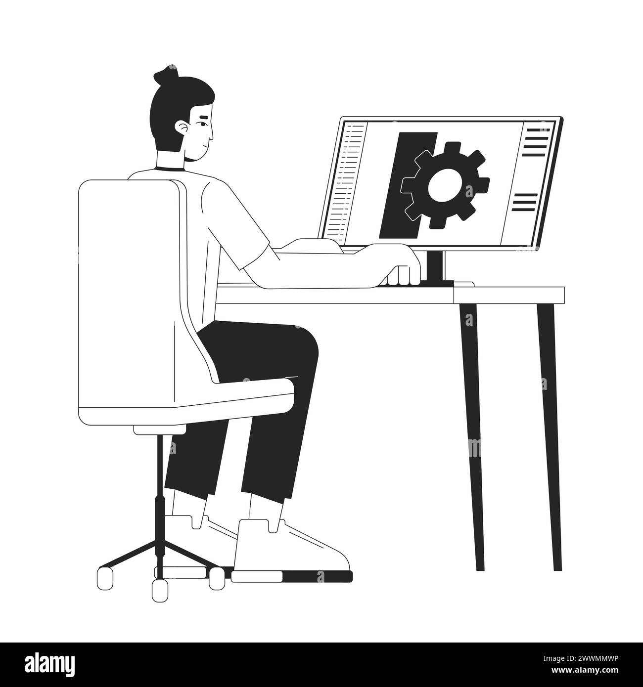 Mechanical technician sitting at computer black and white 2D line ...