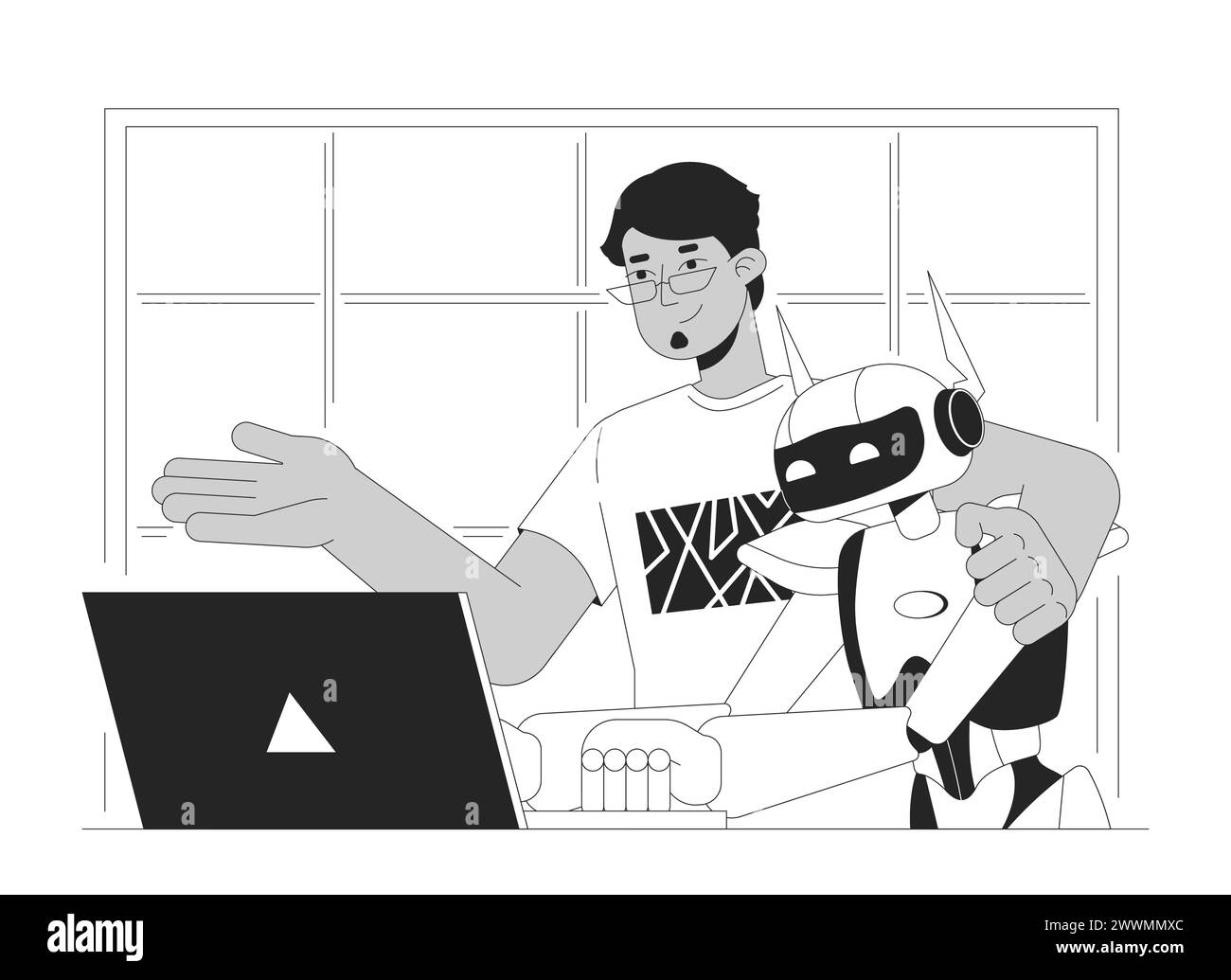 AI integration black and white cartoon flat illustration Stock Vector ...