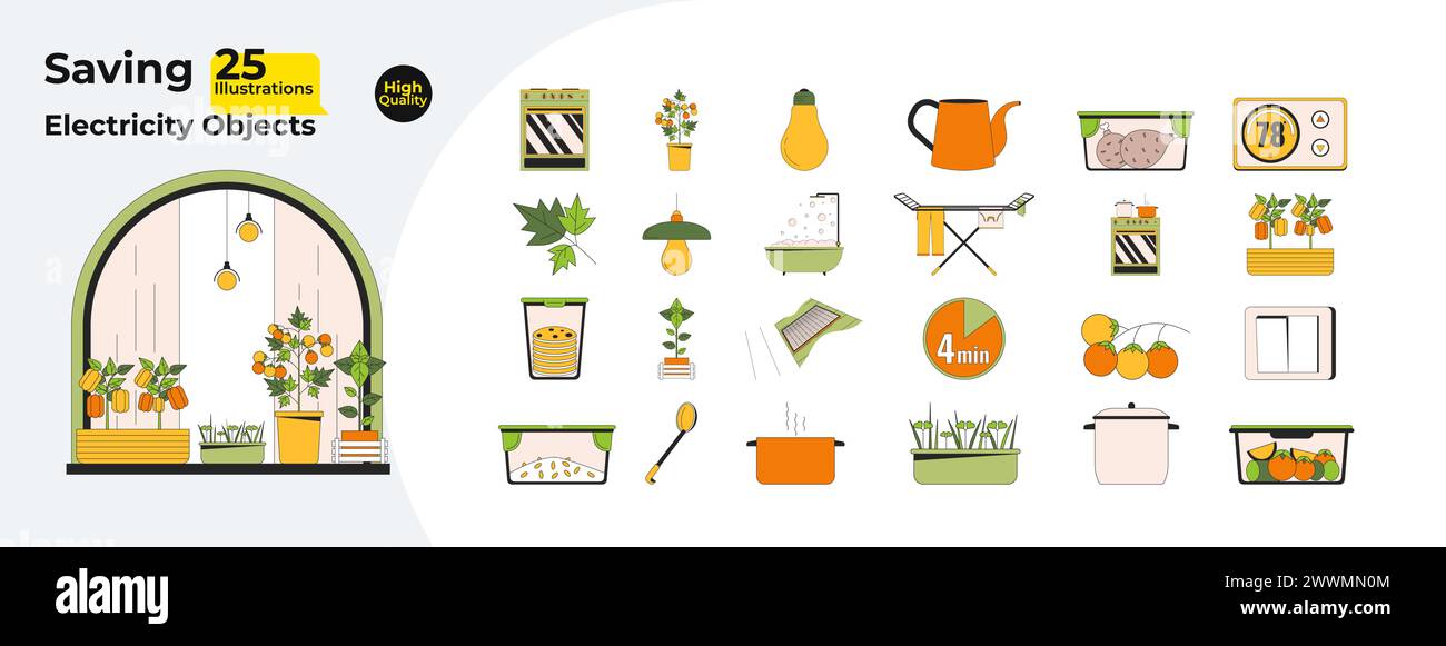 Conserving energy at household 2D linear cartoon objects bundle Stock ...