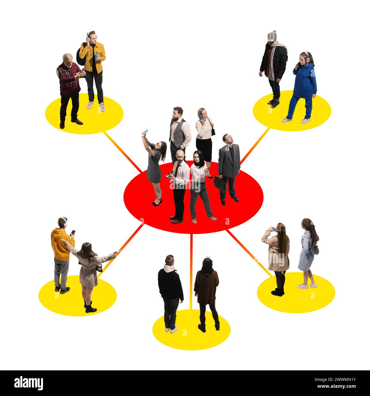 Contemporary art collage. Small people stands on colorful points and ...