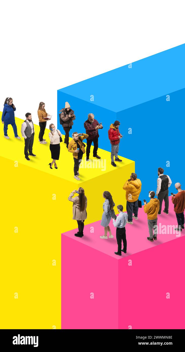 Contemporary art collage. People, men and women standing on colorful ...