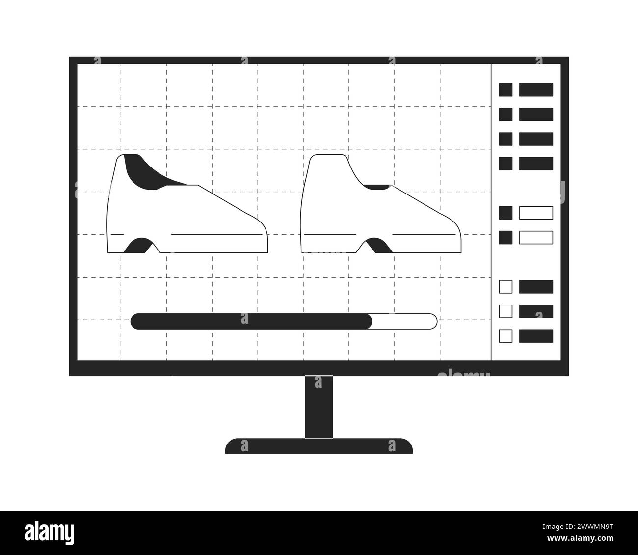 Shoes designing on computer screen black and white 2D line cartoon ...