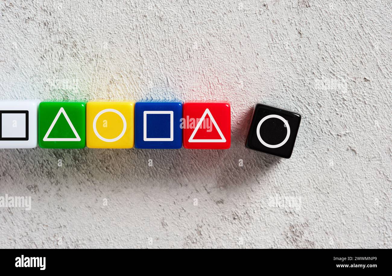 Geometrical shapes on colorful cubes in same sequence pattern. Logic ...