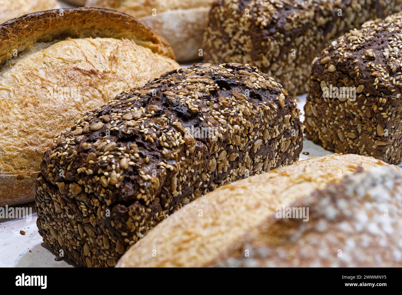 Assorted loafs of bread - wheat, rye, multigrain, wholegrain, abstract ...