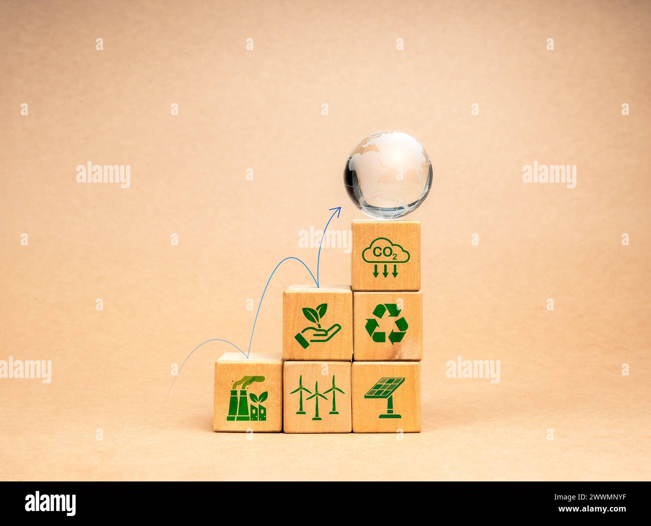 Environmental sustainability process, Carbon emissions reduction concept. The arrow jumping up ...