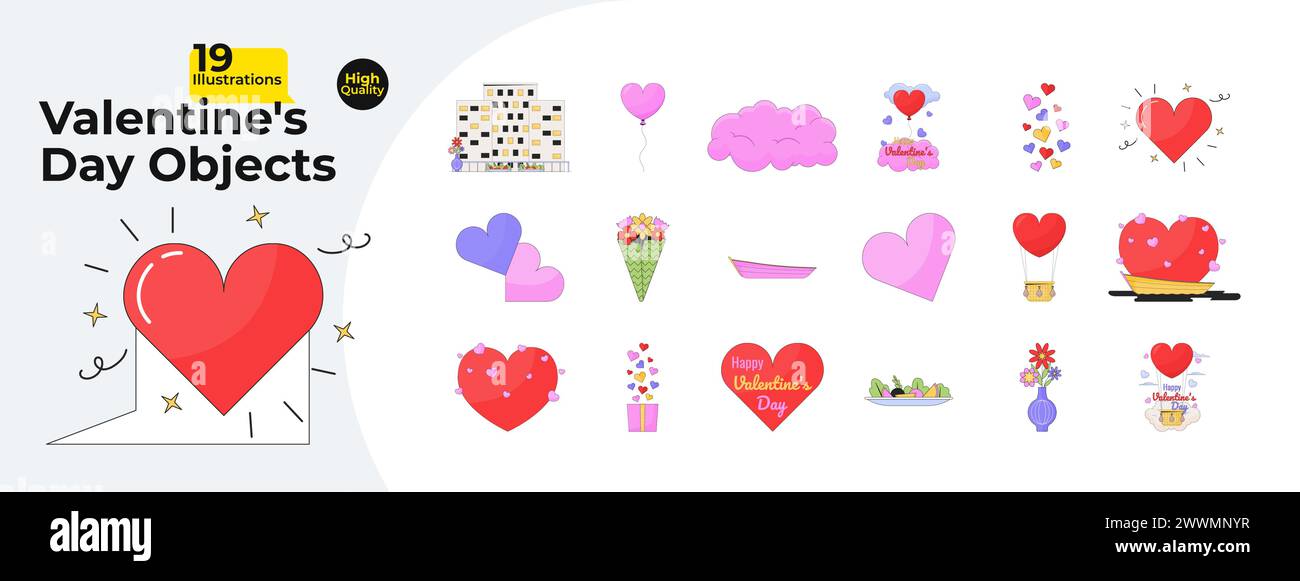 Romantic Valentines day 2D linear cartoon objects bundle Stock Vector ...