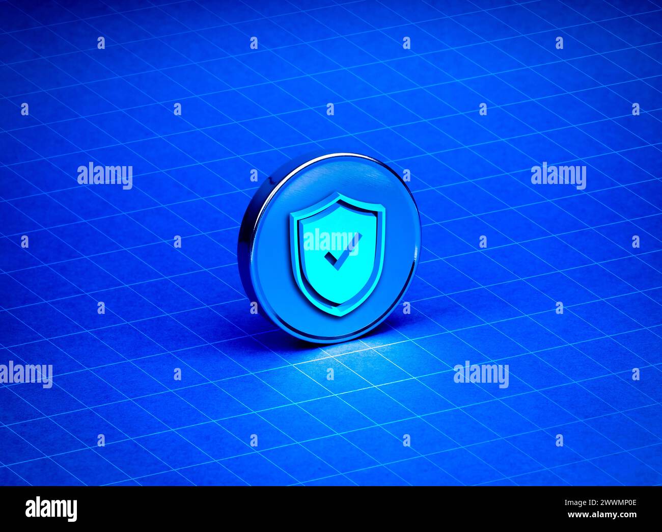 3d shield padlock on round chrome button isolated on dark blue ...