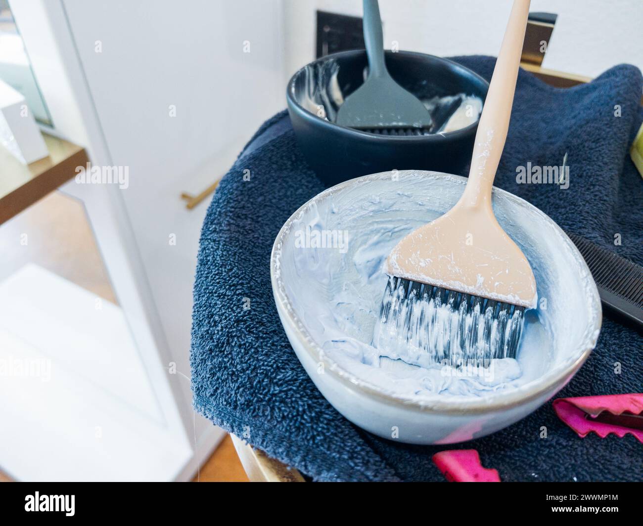 Hair Dye Preparation on a Textured Dark Towel Stock Photo - Alamy