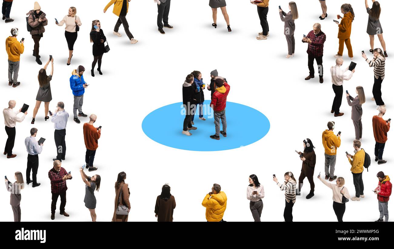 Contemporary art collage. Group of people talking standing on blue ...