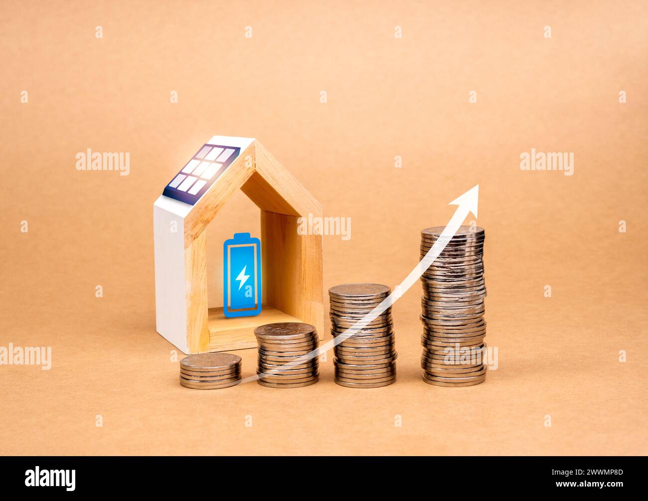 Sustainable spending, savings concept. Arrow up on coins growth graph ...