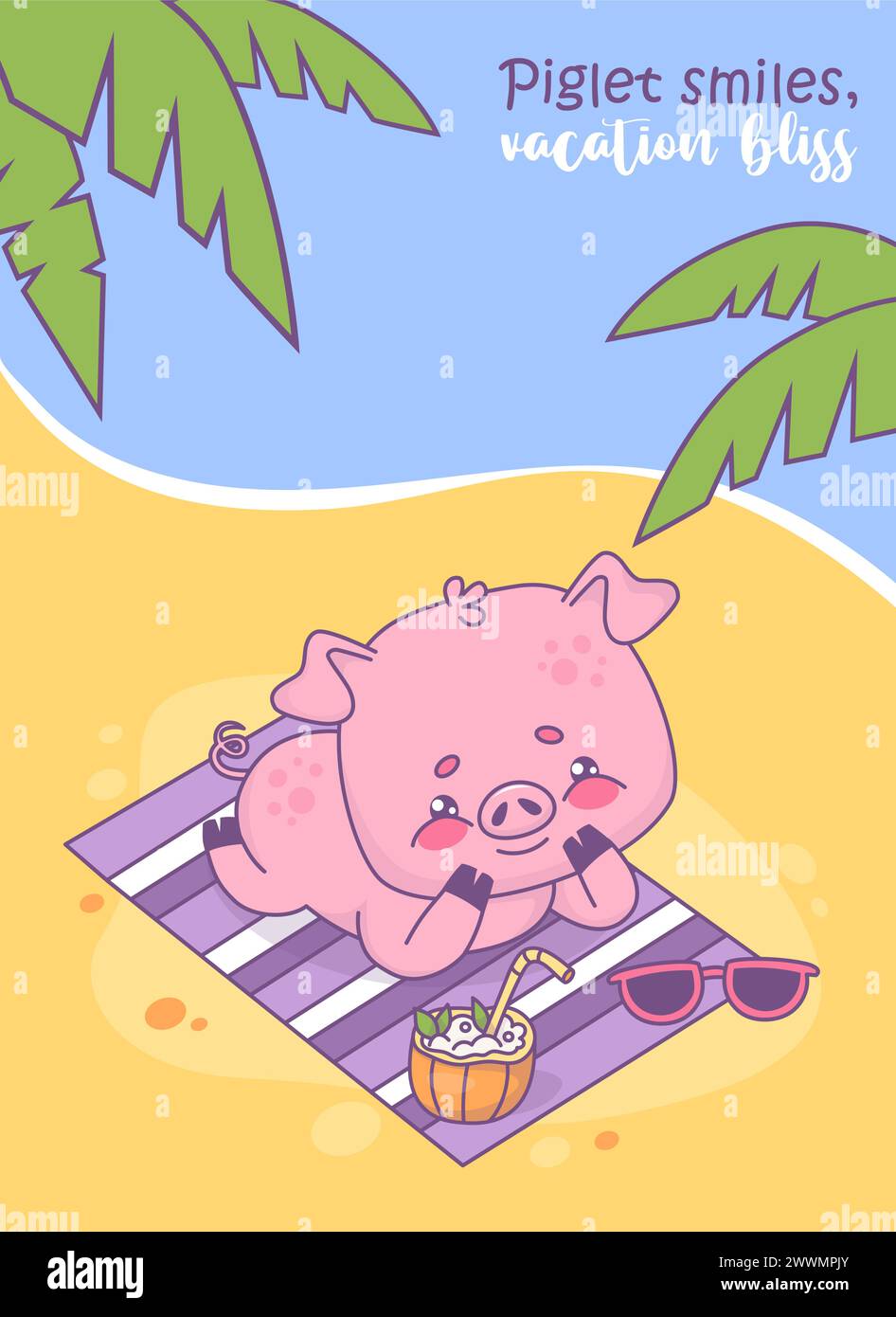 Happy pig beachgoer sunbathing on seashore under tropical palm leaves ...
